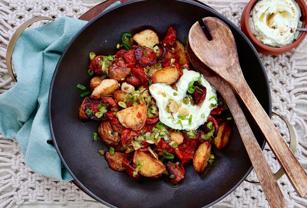 Imperfect Patatas Bravas with Chorizo and Garlic Sour Cream - Market ...