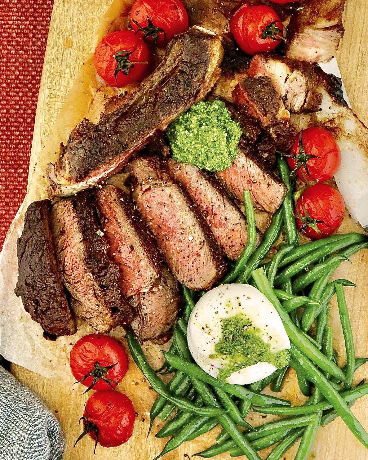Rib Eye On The Bone with Roasted Tomatoes, Green Beans Burrato & Pesto ...