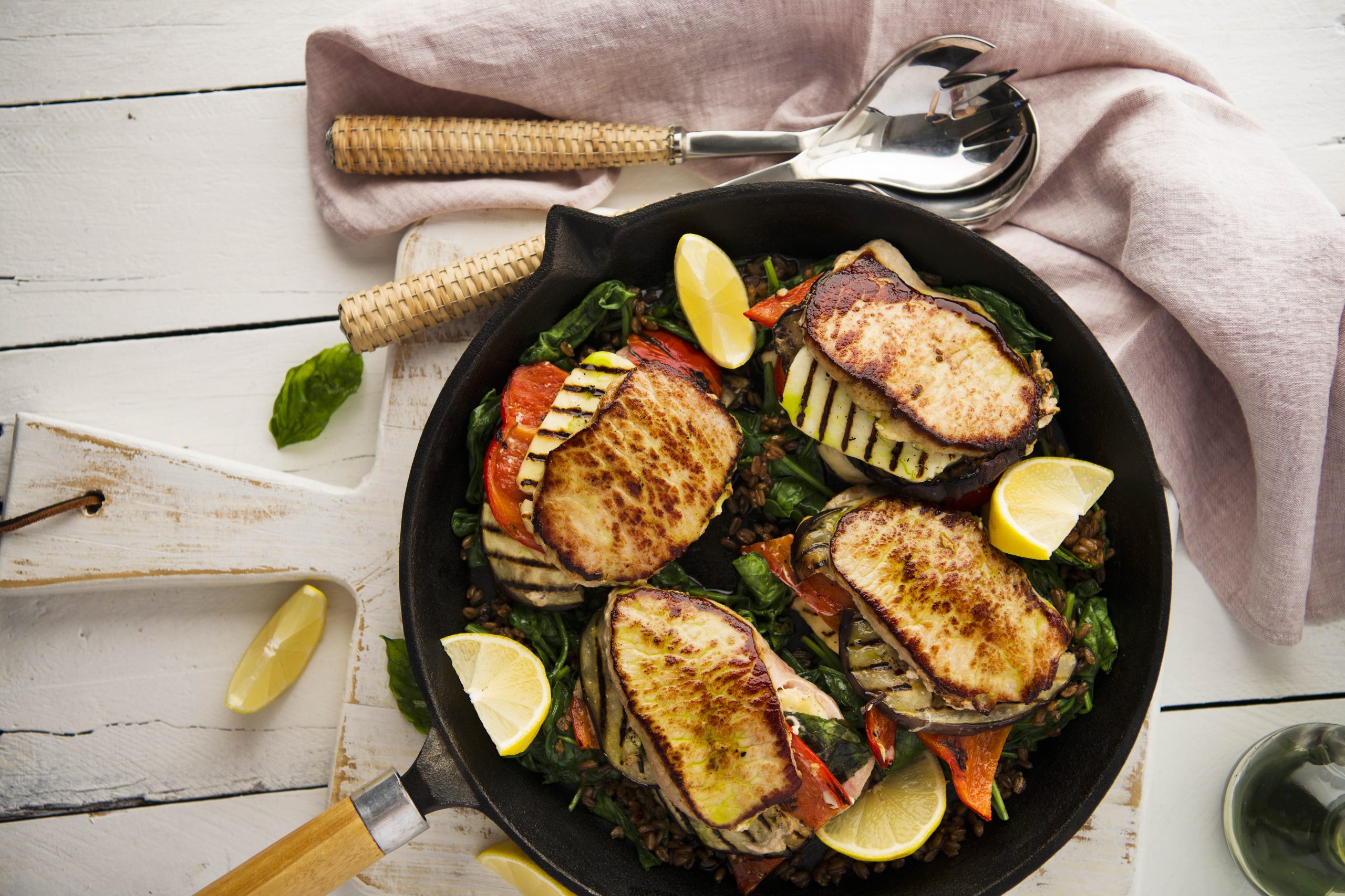 Pork Loin Steaks with Haloumi, Roast Capsicum & Grilled Eggplant with ...